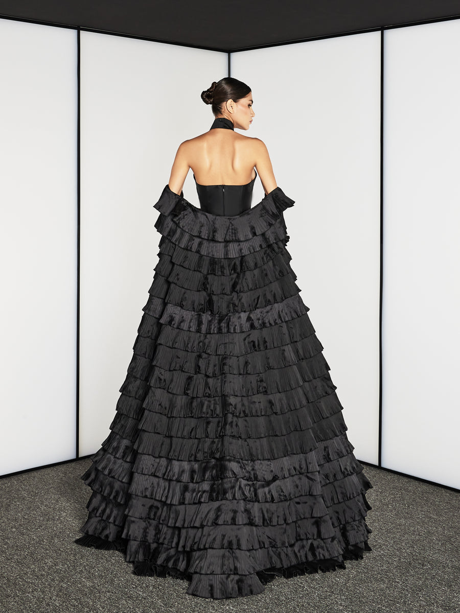 HALTERNECK FISH CUT DRESS WITH PLEATED RUFFLES CAPE – THA SEEN