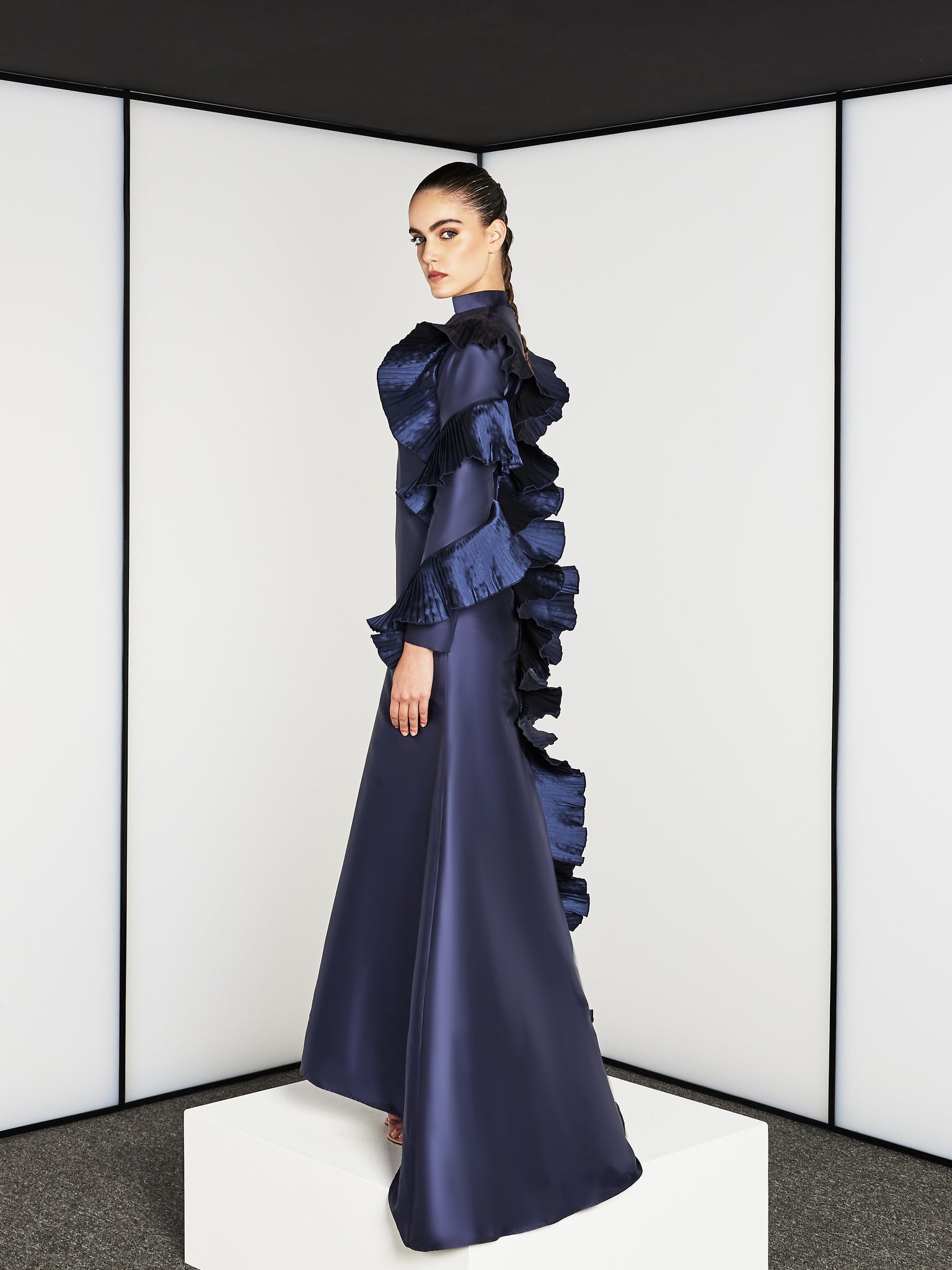 SATIN TRAIL DRESS WITH PLEATED RUFFLES – THA SEEN