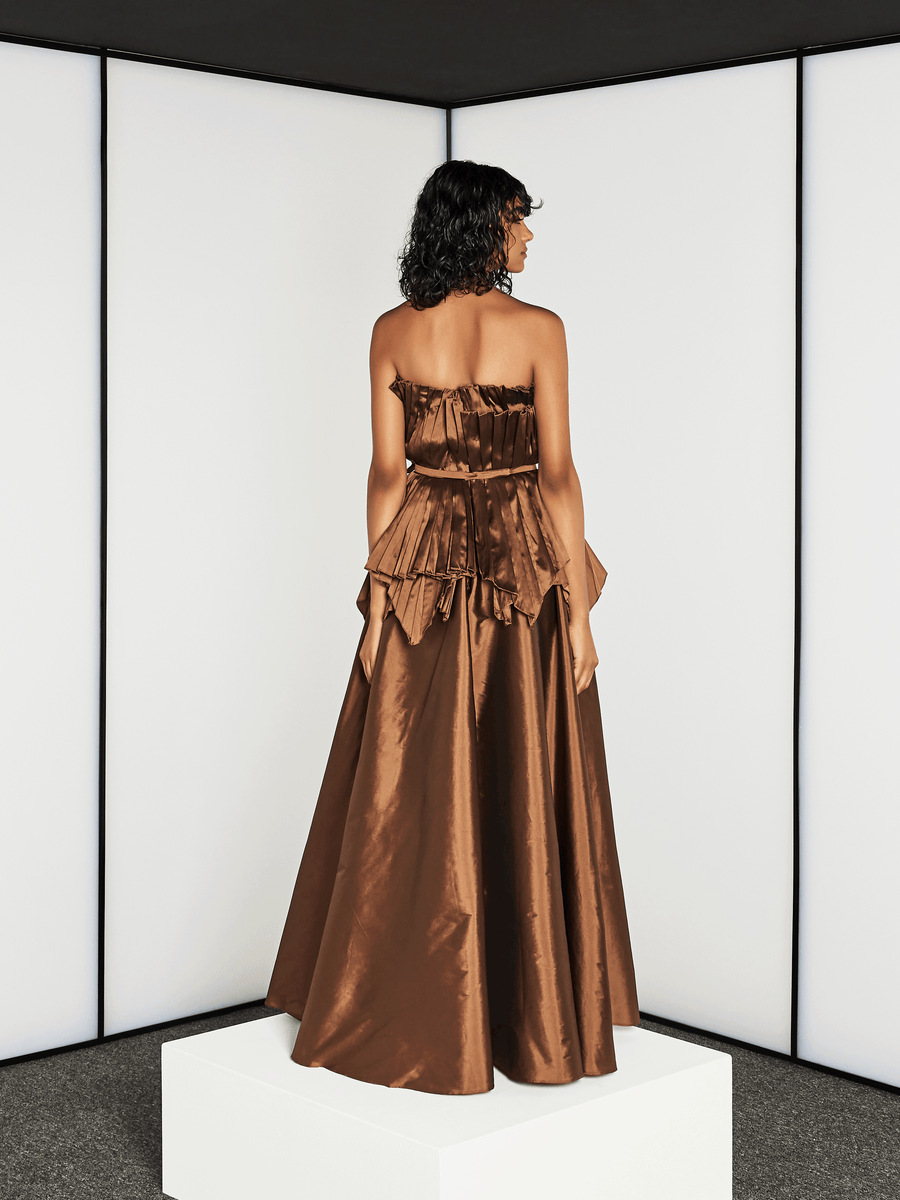 BRONZE PLEATED TUBE A-LINE TAFFETA DRESS WITH BELT – THA SEEN
