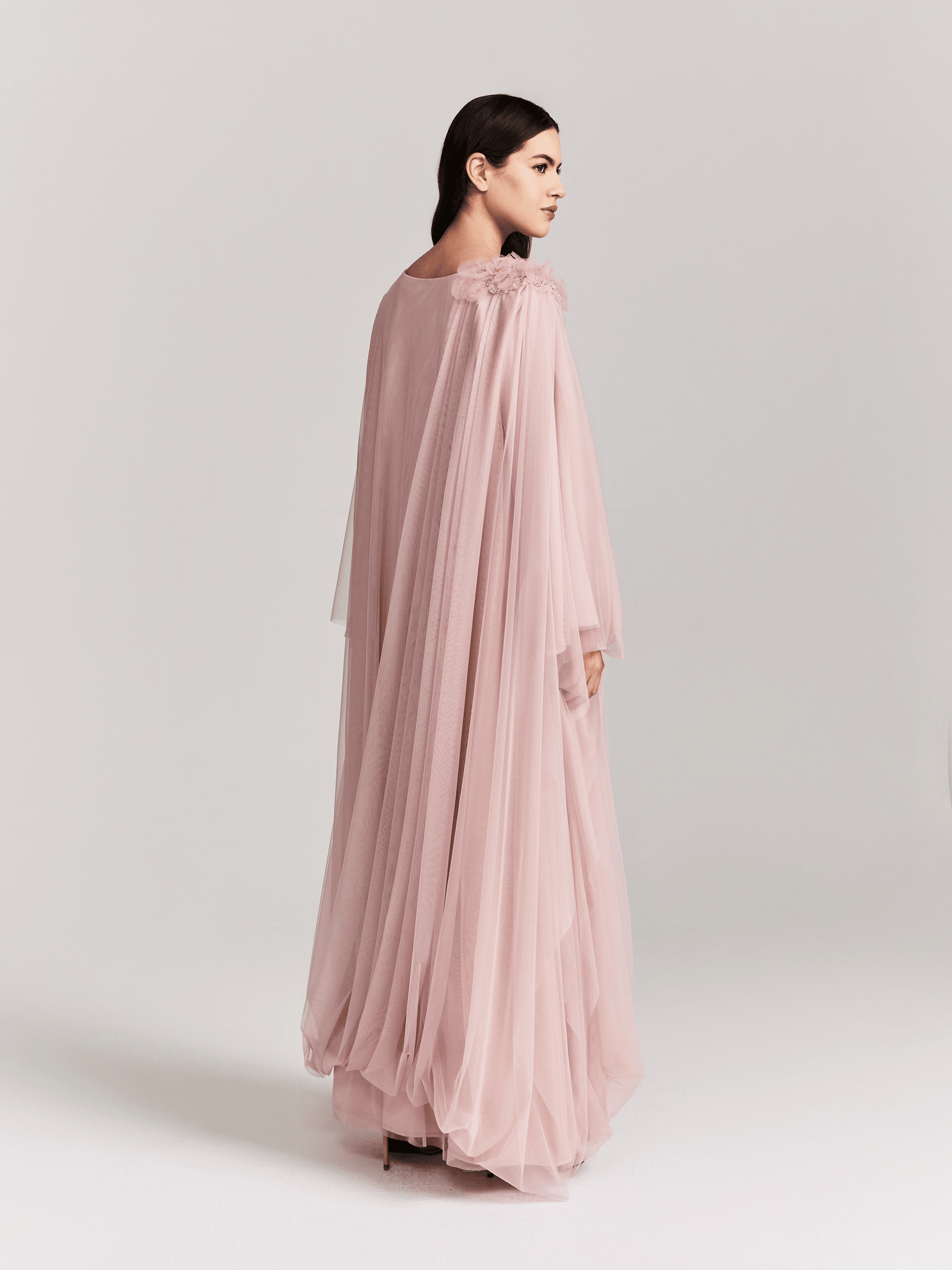 LIGHT PINK TULLE DRAPED OVERLAY DRESS WITH HAND EMBROIDERY – THA SEEN