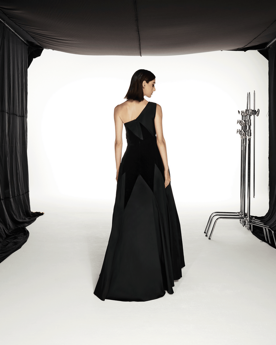 VELVET AND TAFFETA MULTI PANEL DRESS WITH BELT – THA SEEN