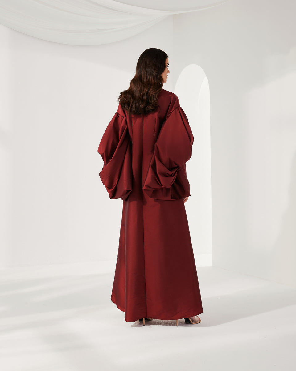 MAROON TAFFETA SEMI FITTED DRESS WITH EXAGGERATED SLEEVES – THA SEEN
