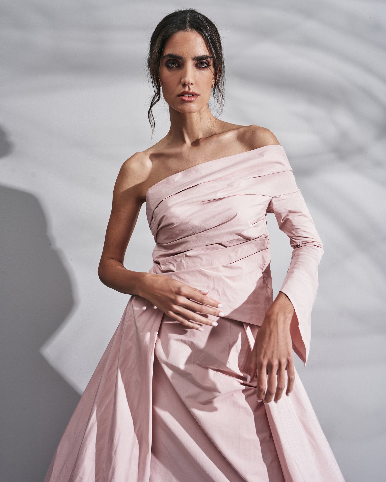 ASYMMETRIC MESSY PLEATED DRESS WITH TRAIL – THA SEEN