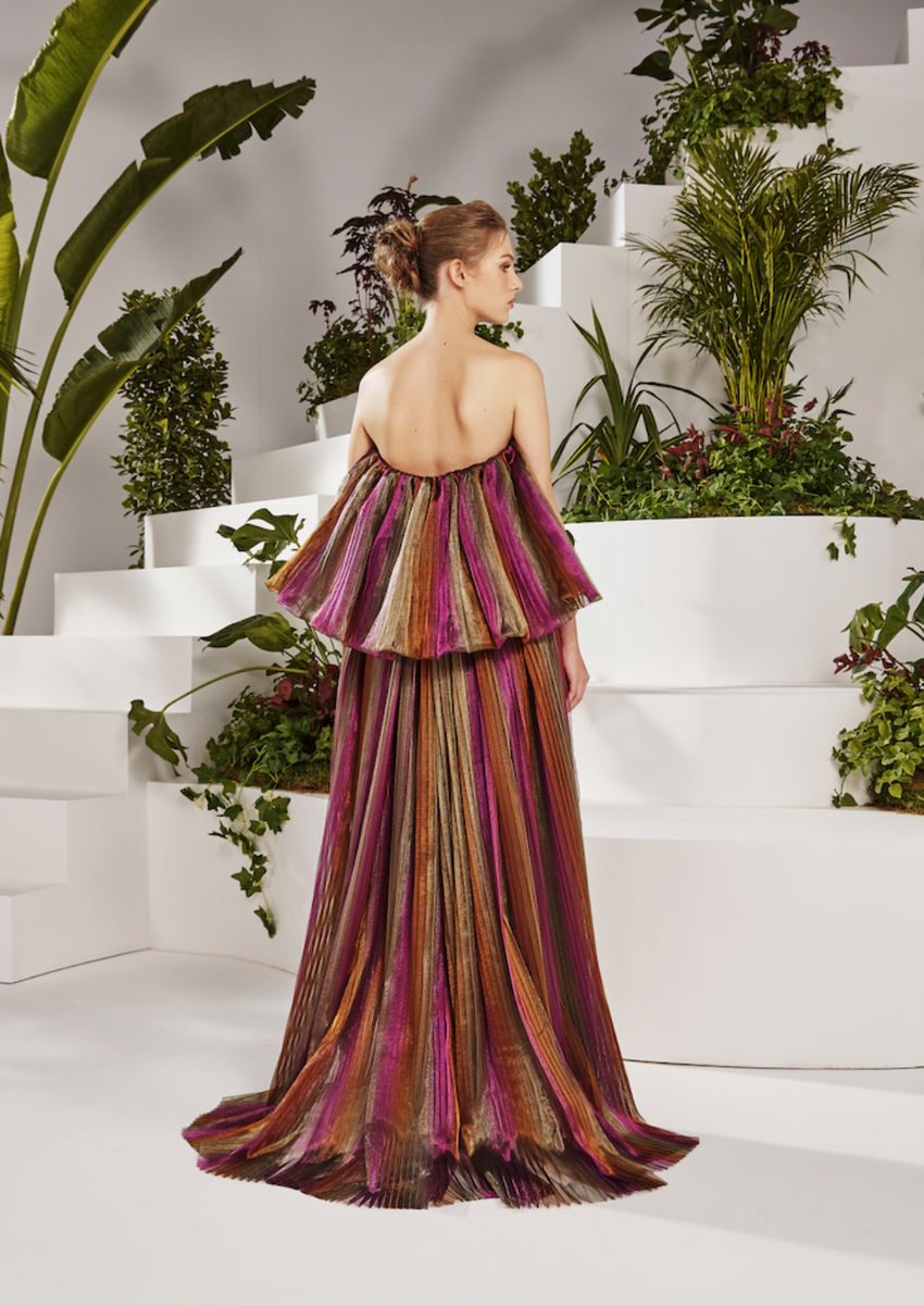 FITTED SATIN DRESS WITH A PLEATED TULLE TRAIL – THA SEEN