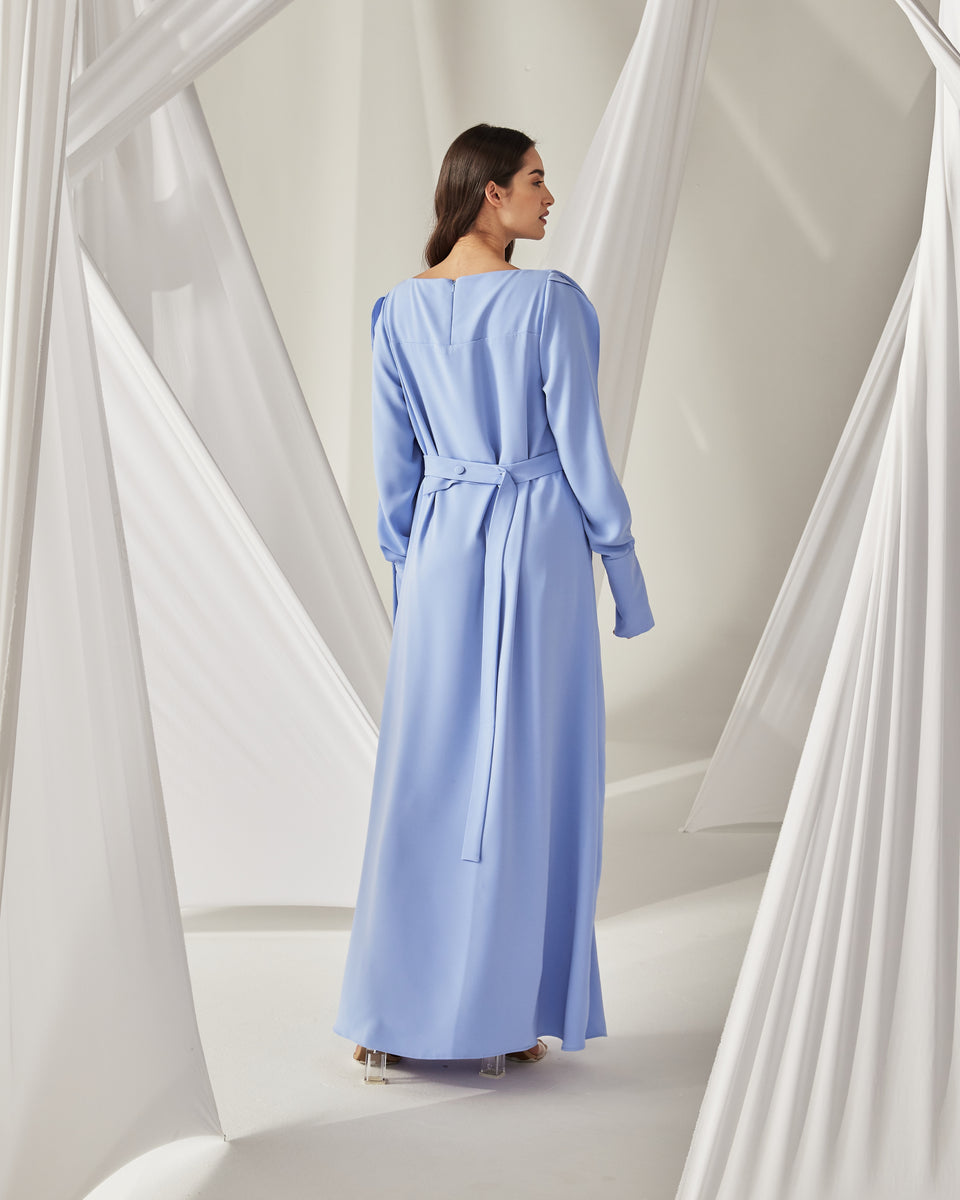 BLUE PANEL BELTED DRESS – THA SEEN