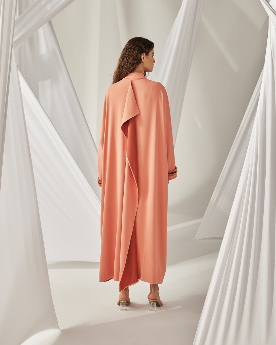 CORAL COAT STYLE DRESS WITH EMBROIDERED SLEEVES – THA SEEN